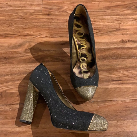 Sam Edelman | Shoes | Sam Edelman Frances Gold Black Glitter Pumps 95 ...